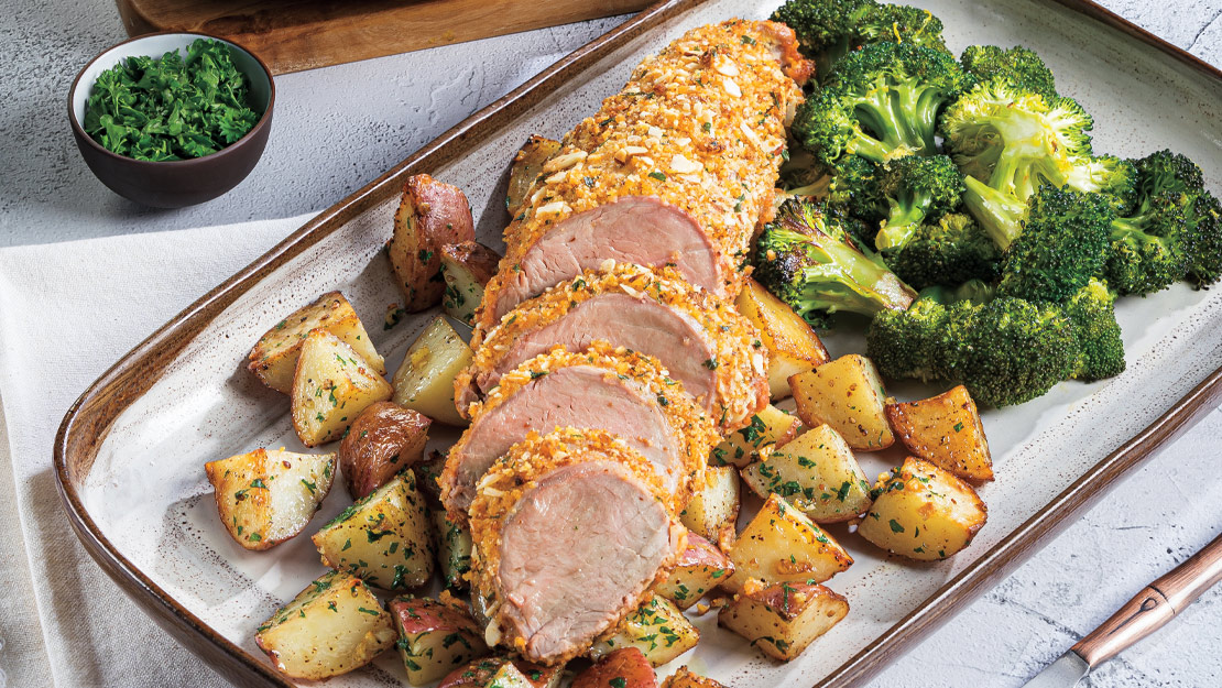 Almond-Crusted Pork Tenderloin with Potatoes and Broccoli - Recipe from ...